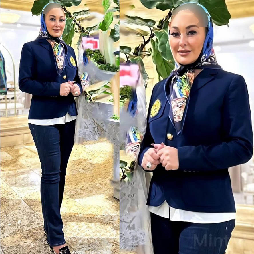 عکس لباس خوشرنگ اما چسبان الهام حمیدی خیلی قذکوتاه تر از شوهر دومش